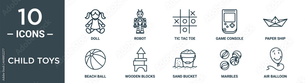 child toys outline icon set includes thin line doll, robot, tic tac toe ...