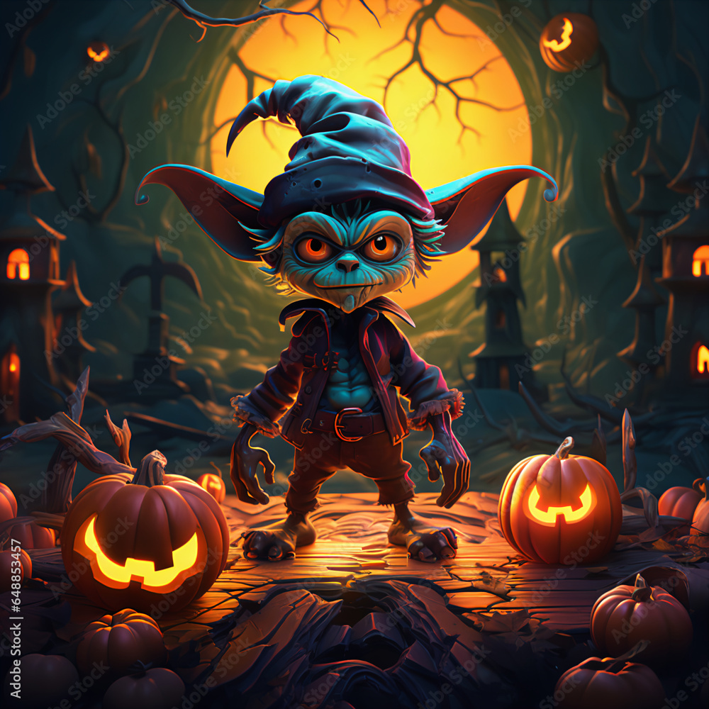 Vibrant Halloween Goblin Illustration in Conceptual Cartoon Style with ...
