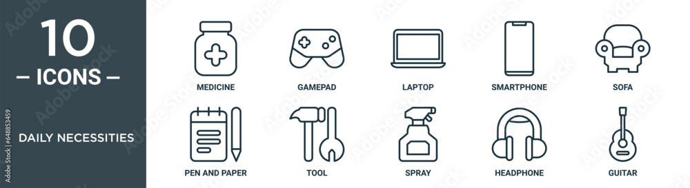 daily necessities outline icon set includes thin line medicine, gamepad ...