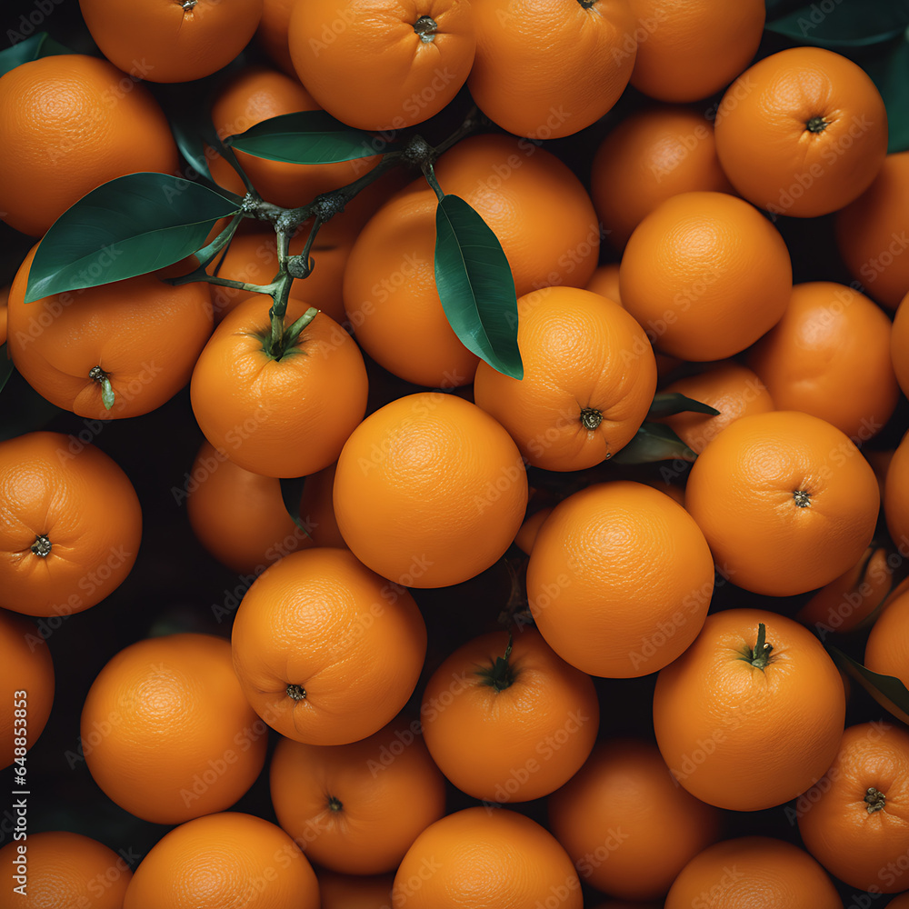 Muchas naranjas juntas y entre ellas algunas hojas de naranjo Stock ...