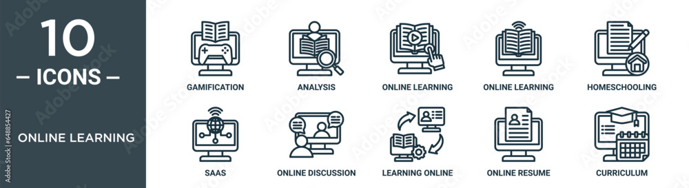 Vetor de online learning outline icon set includes thin line ...