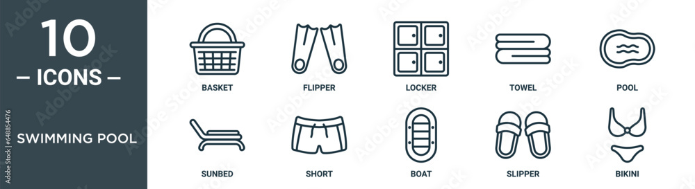 swimming pool outline icon set includes thin line basket, flipper ...