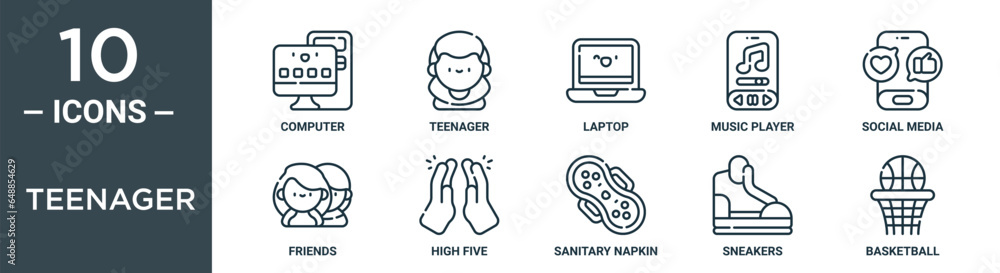 teenager outline icon set includes thin line computer, teenager, laptop ...