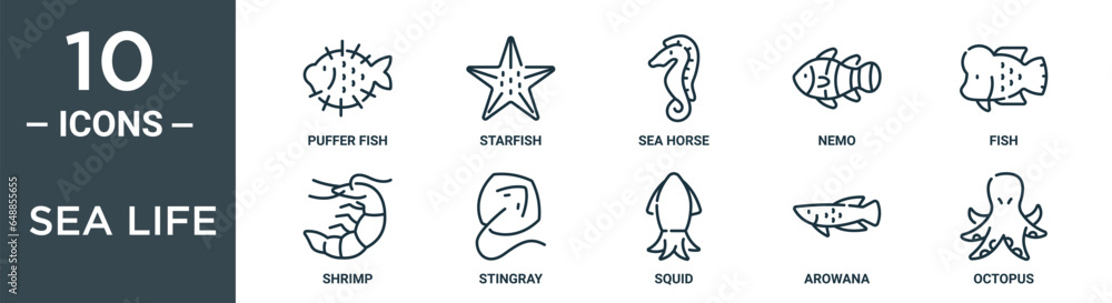 sea life outline icon set includes thin line puffer fish, starfish, sea ...