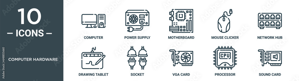 computer hardware outline icon set includes thin line computer, power ...