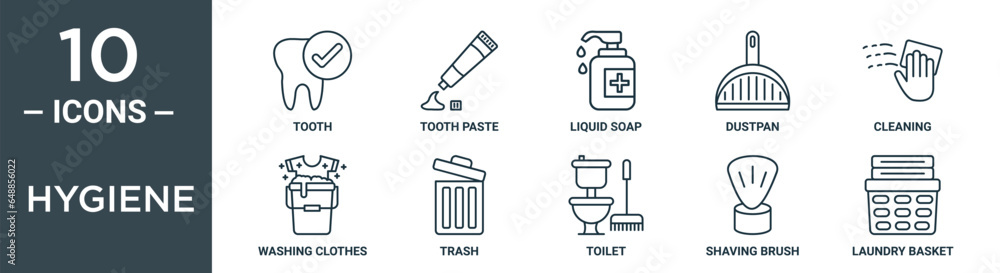 hygiene outline icon set includes thin line tooth, tooth paste, liquid ...
