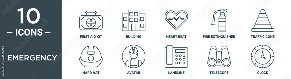 emergency outline icon set includes thin line first aid kit, building ...