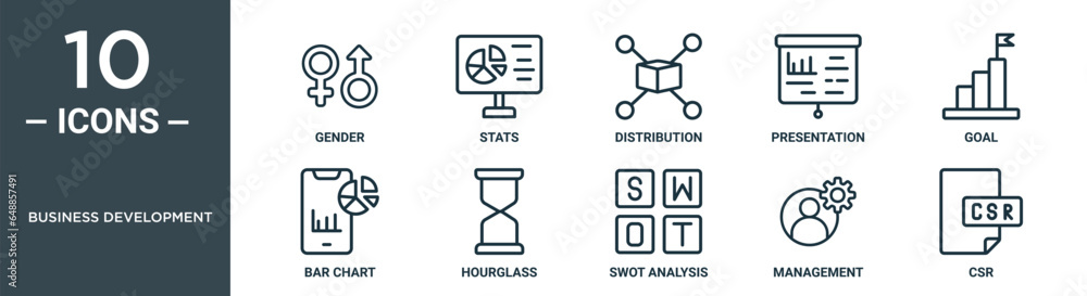 business development outline icon set includes thin line gender, stats, distribution ...