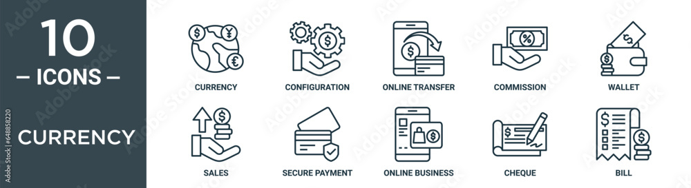 currency outline icon set includes thin line currency, configuration ...