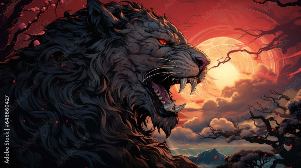 Fiery red dragon dominates a deep purple sky, pink moon its aura. Stock ...