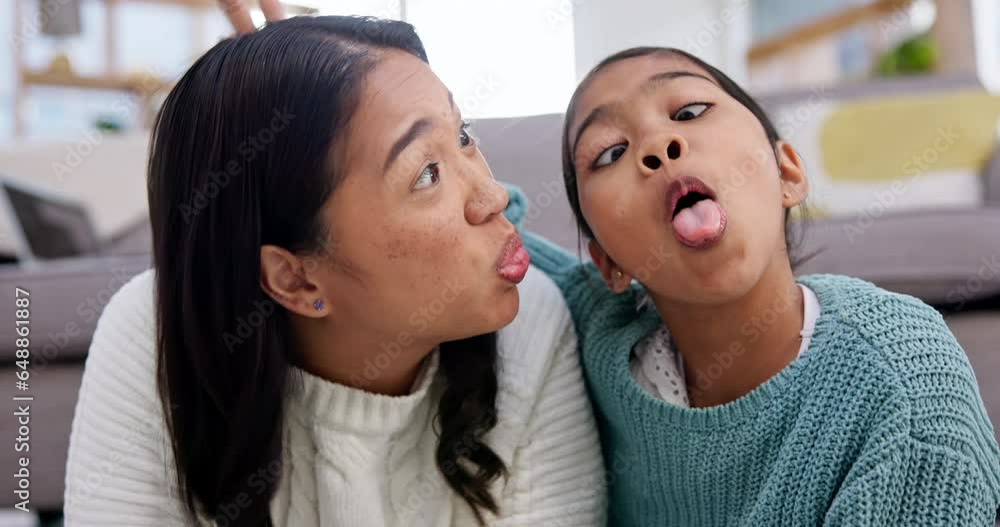 Mother, child and funny face, goofy and bonding with love and care at ...