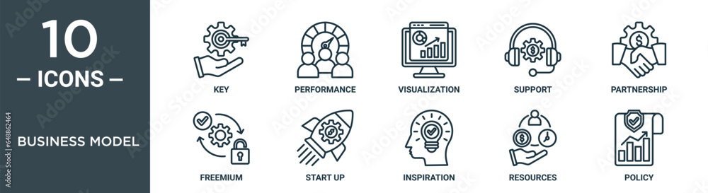 Vetor de business model outline icon set includes thin line key ...