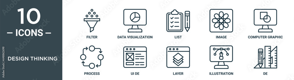 Vetor de design thinking outline icon set includes thin line filter ...