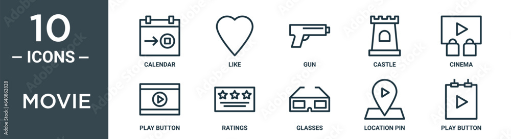 movie outline icon set includes thin line calendar, like, gun, castle ...