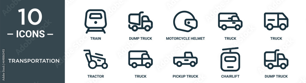 transportation outline icon set includes thin line train, dump truck ...