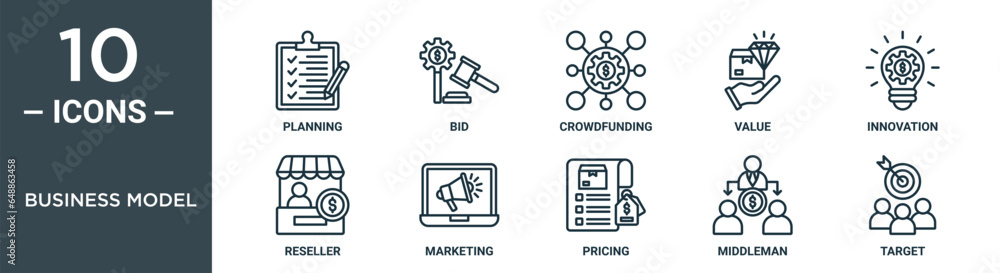 business model outline icon set includes thin line planning, bid ...