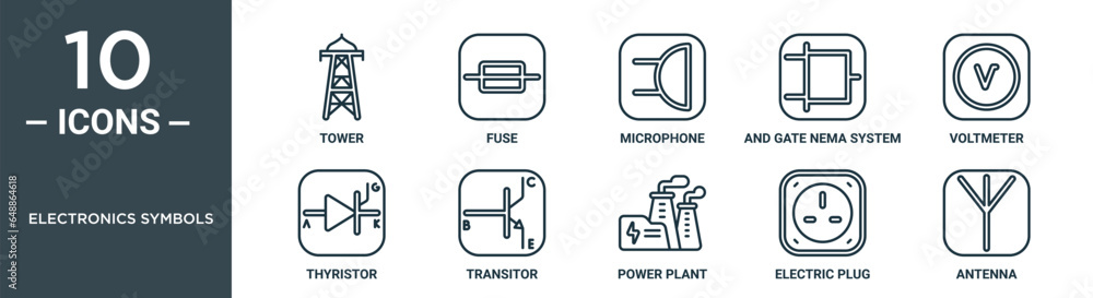 electronics symbols outline icon set includes thin line tower, fuse ...