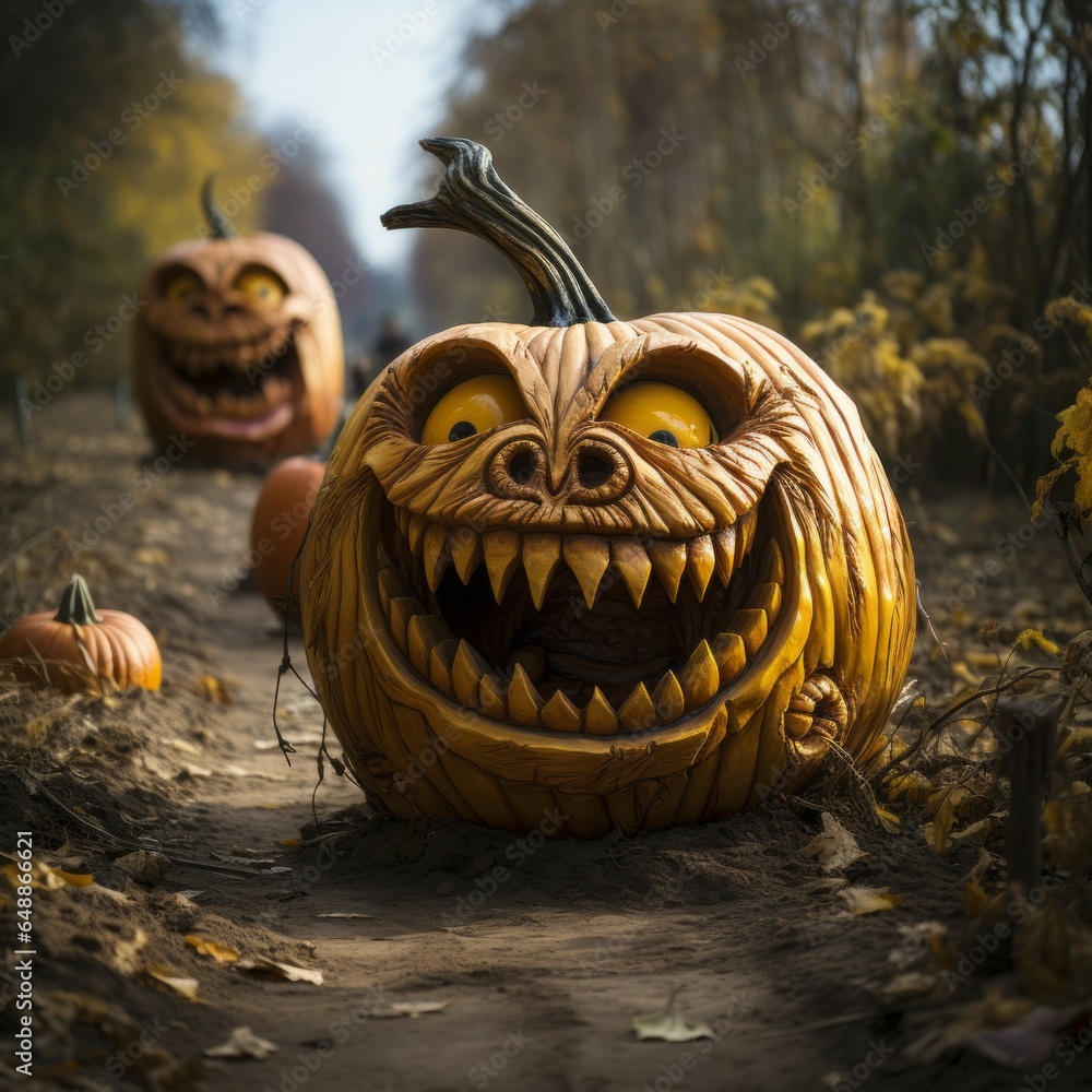 Art illustration of an Eerily sinister pumpkins with huge teeth and ...