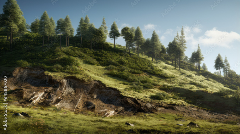 A deforested hillside susceptible to landslides, illustrating the ...
