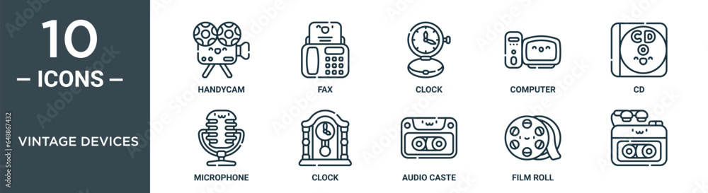 Vetor de vintage devices outline icon set includes thin line handycam ...