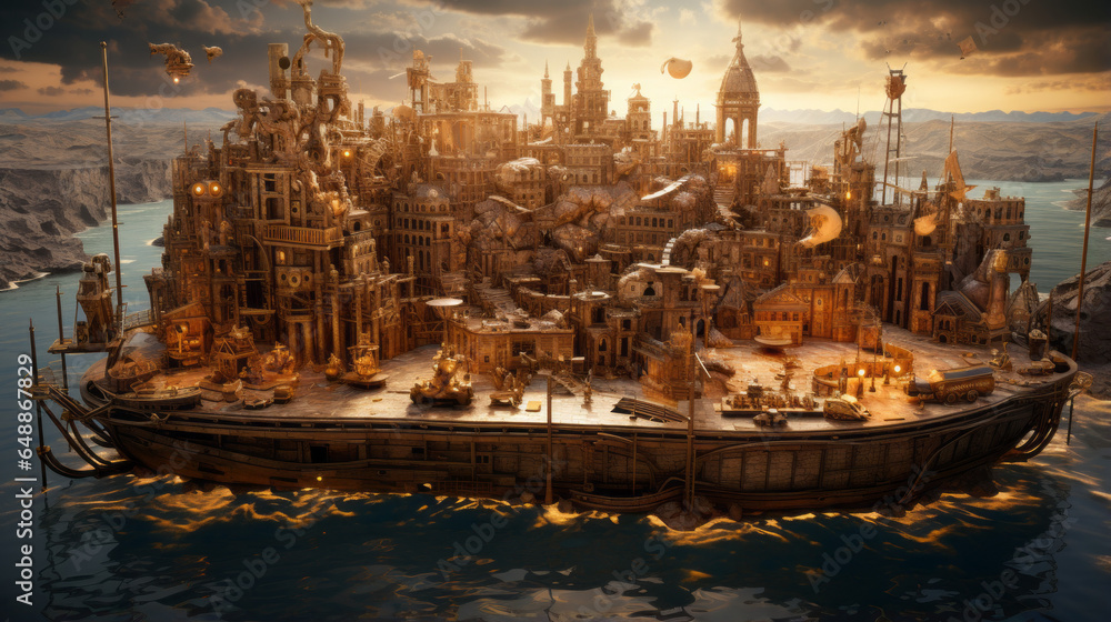 A detailed, hand-painted map of a steampunk world, complete with ...