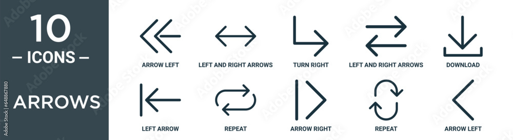 arrows outline icon set includes thin line arrow left, left and right arrows, turn right, left ...