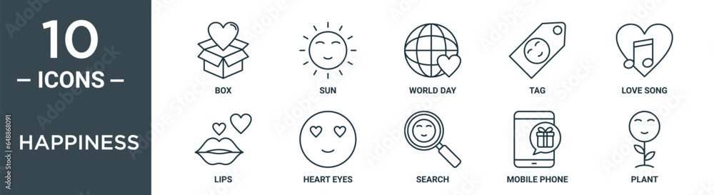 happiness outline icon set includes thin line box, sun, world day, tag ...