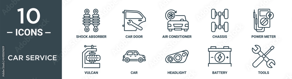 car service outline icon set includes thin line shock absorber, car ...