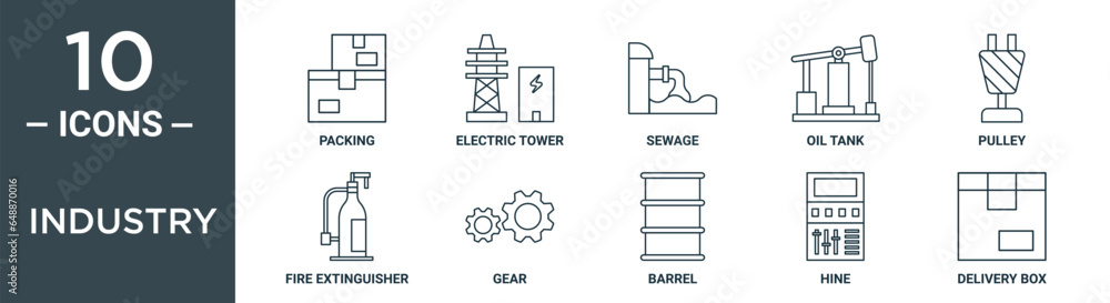 industry outline icon set includes thin line packing, electric tower ...