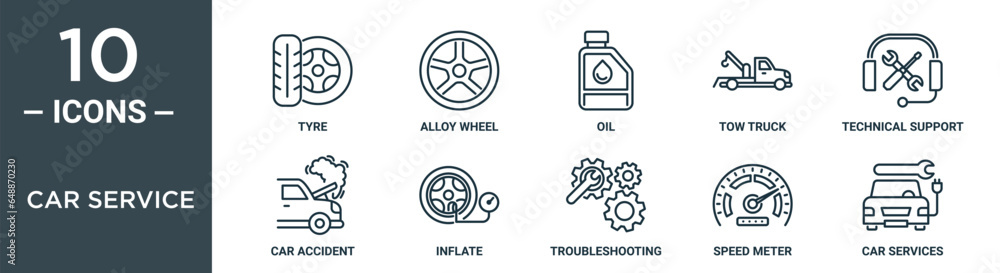 Vetor de car service outline icon set includes thin line tyre, alloy ...