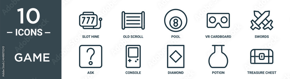 game outline icon set includes thin line slot hine, old scroll, pool ...
