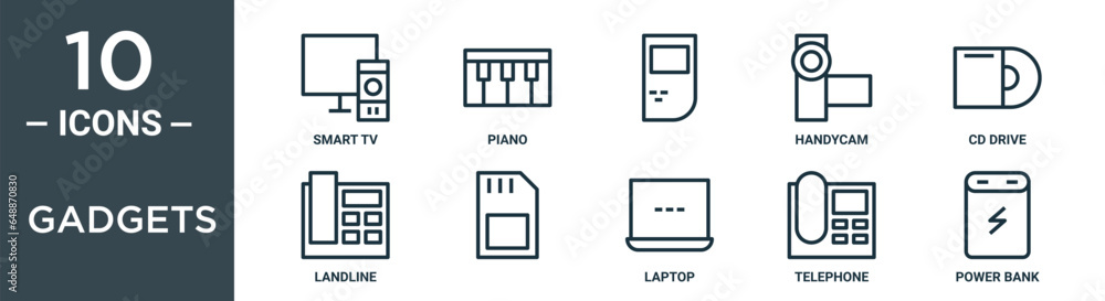 gadgets outline icon set includes thin line smart tv, piano, , handycam ...