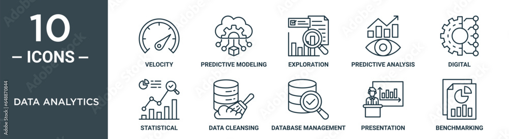 Vetor de data analytics outline icon set includes thin line velocity ...