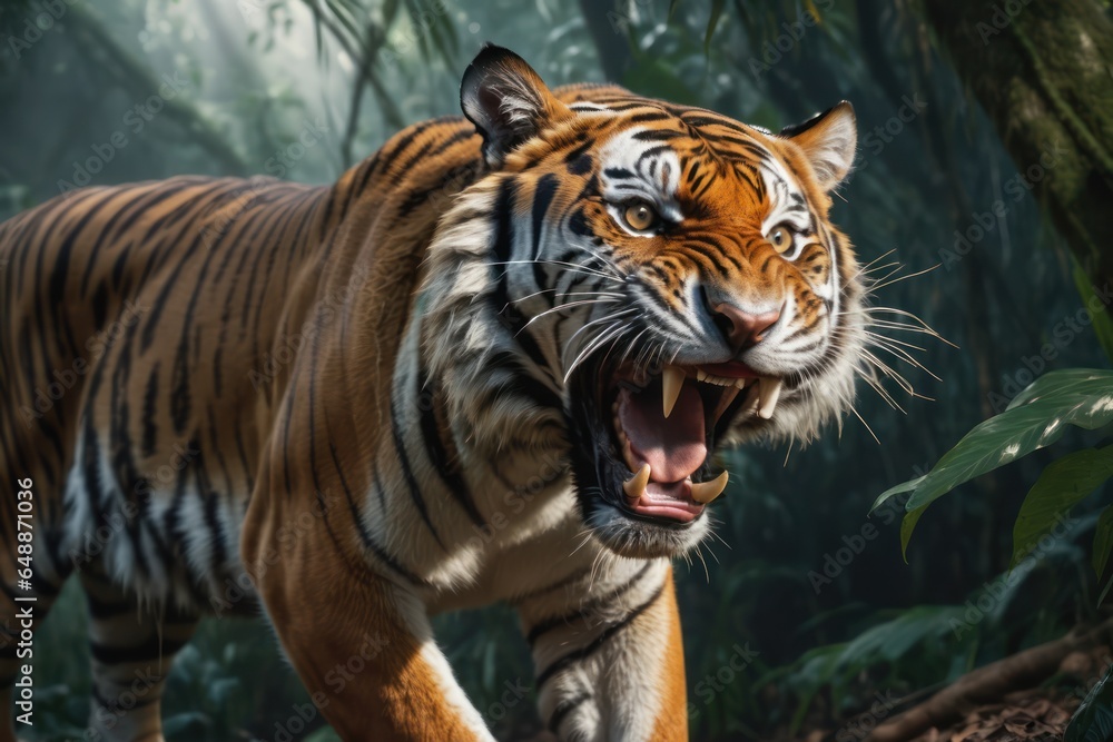 A Bengal tiger roar in the jungle. Dangerous Bengal Tiger in forest attack pose. Stock Photo ...