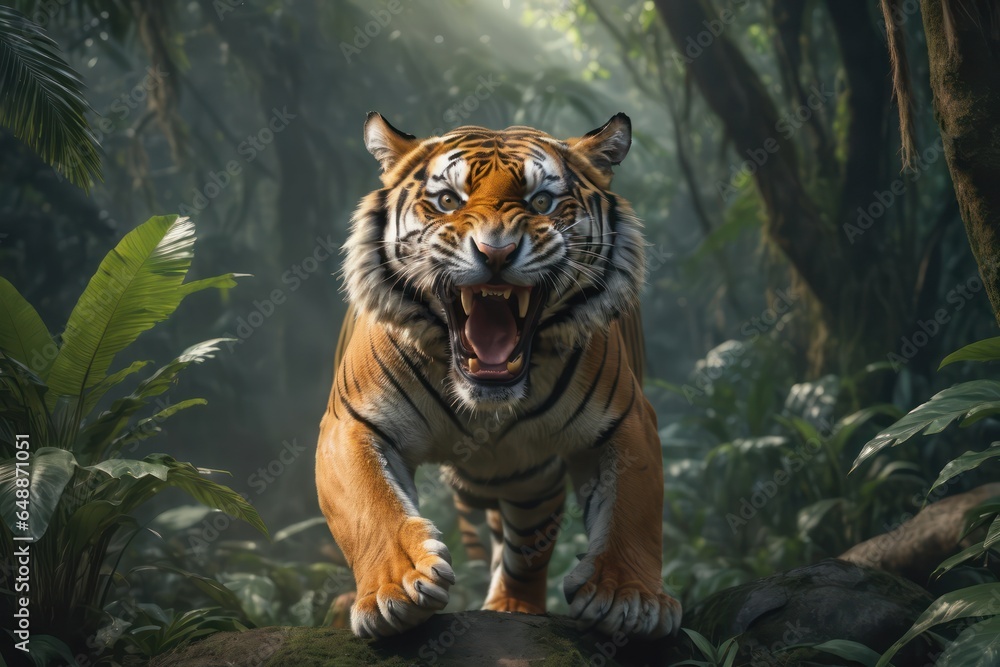 A Bengal tiger roar in the jungle. Dangerous Bengal Tiger in forest ...