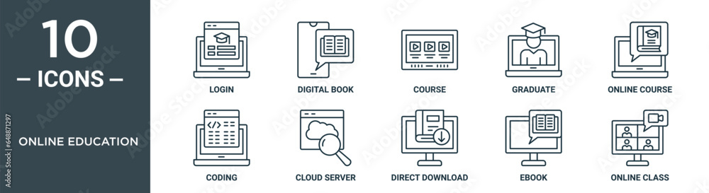 Vetor de online education outline icon set includes thin line login ...
