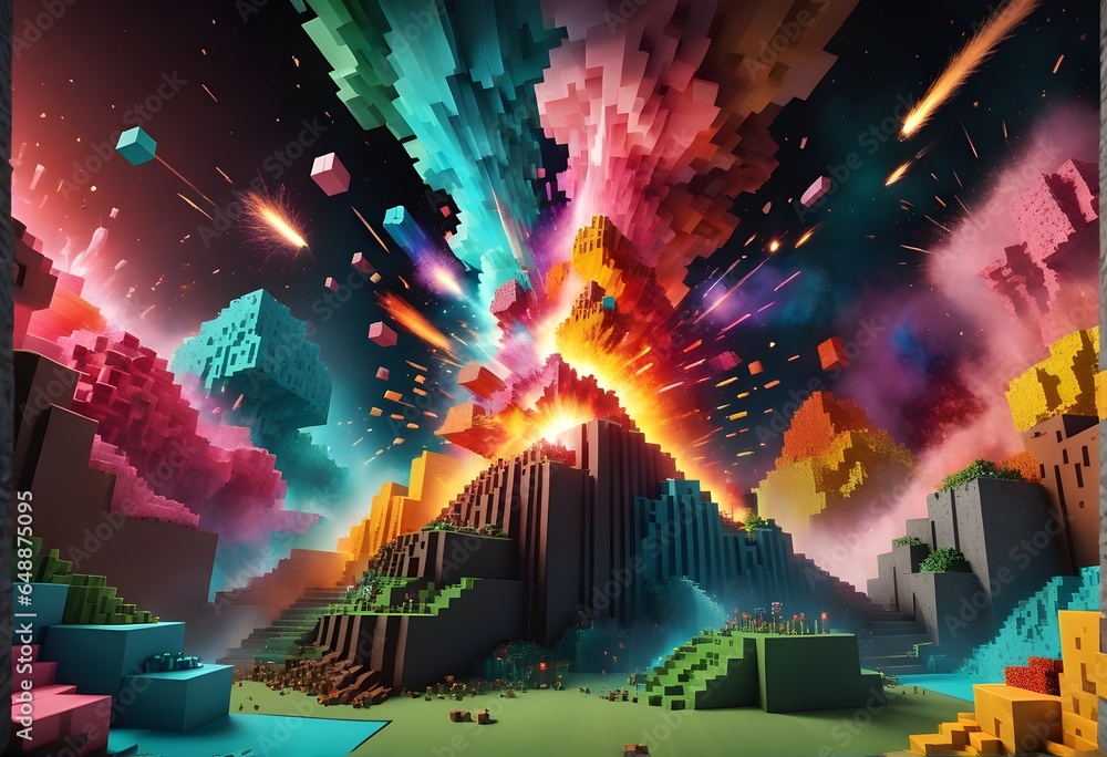 Exploding Minecraft colorful cubes paint and splashes. Explosive ...