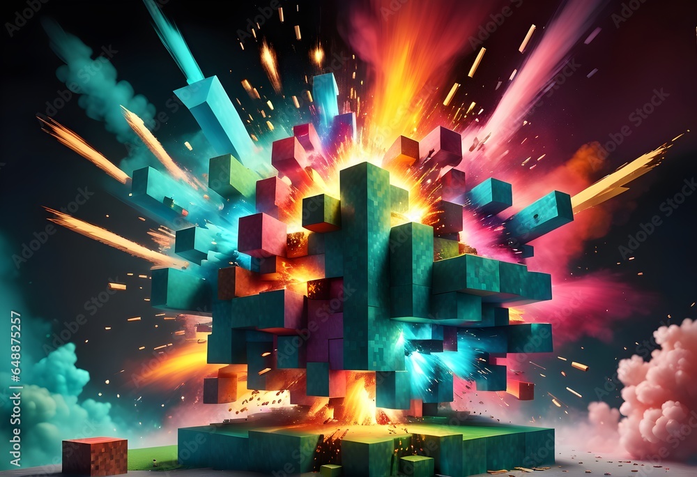 Exploding Minecraft colorful cubes paint and splashes. Explosive ...