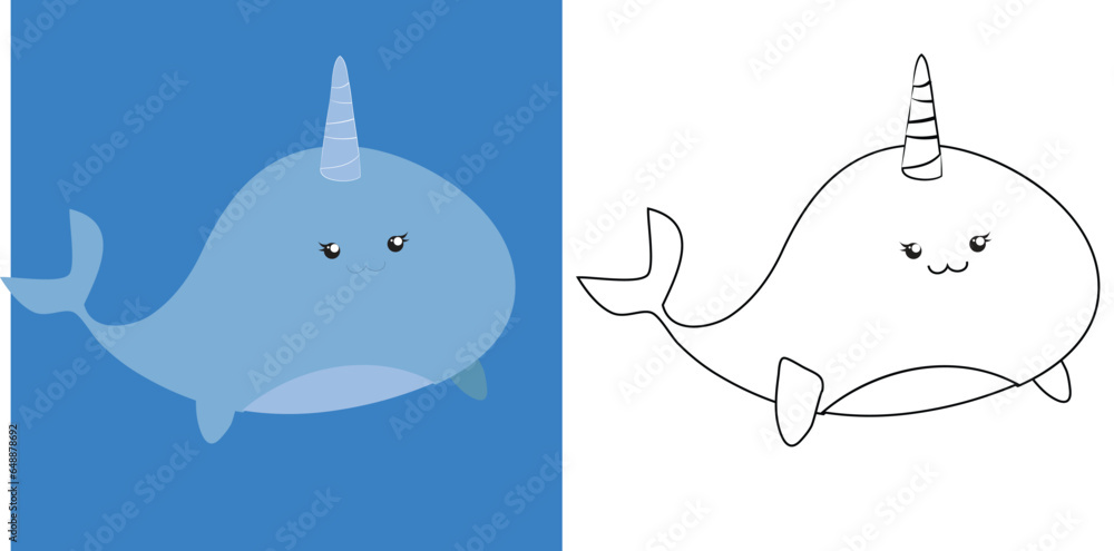 Colouring the animals. Coloring a cute cartoon narwhal. Simple ...