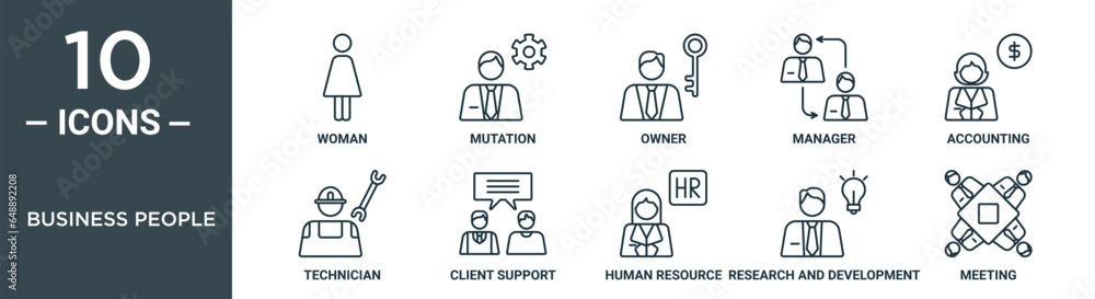 Vetor de business people outline icon set includes thin line woman, mutation, owner, manager ...