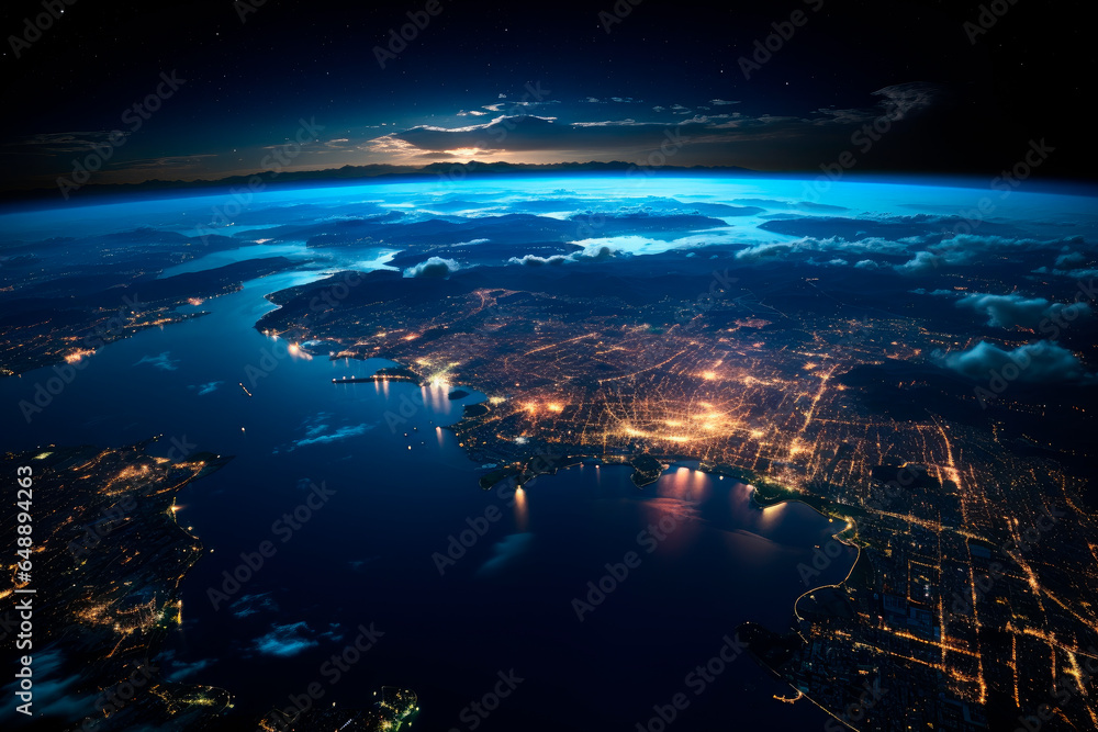 View of earth from a space, oceans and illuminated cities are visible ...
