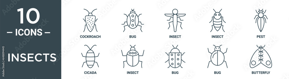 Vetor de insects outline icon set includes thin line cockroach, bug ...