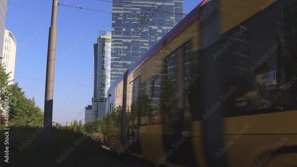 Tram in the Modern City Center - Low Angle Front View, Promoting Eco ...