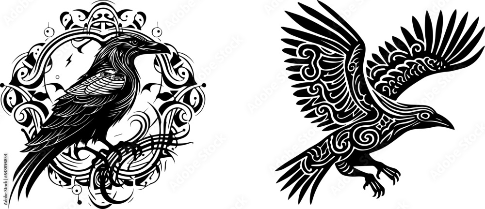Ravens Pattern Tattoo Hand Draw Vector. Mythology Raven Of Viking ...