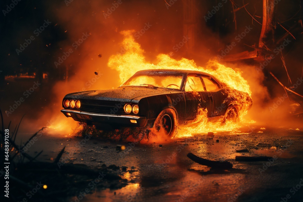 Burning Old School Car in the Night. Car fire. Car explosion. Burning ...