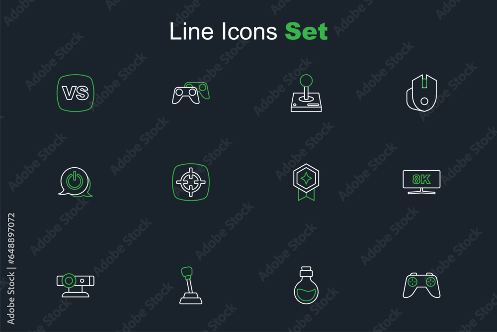 Set line Game controller or joystick, Bottle with magic elixir, Gear shifter, Web camera ...