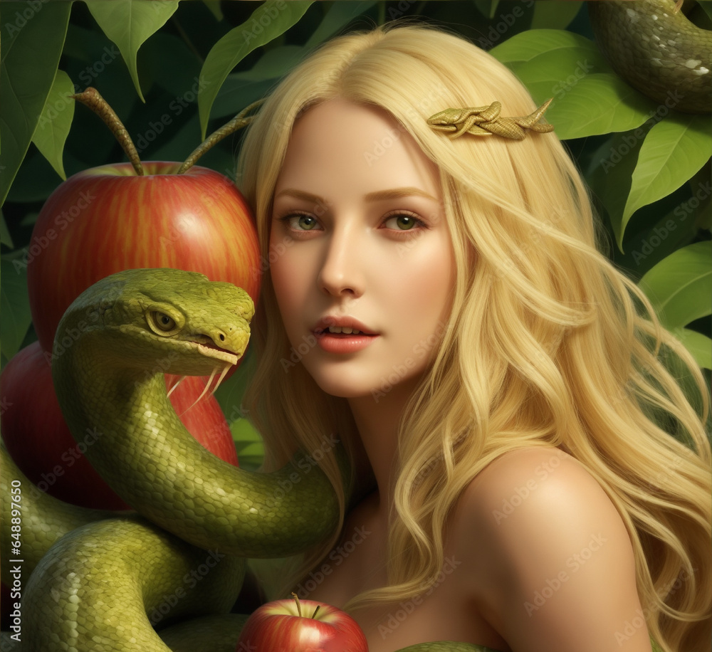 Eve in the garden of Eden with the damned snake and the apple. Forbidden fruit concept. Stock ...