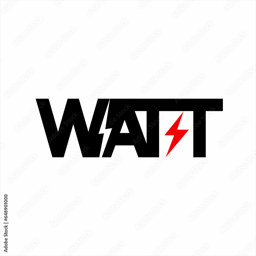 "Watt" word design with thunderbolt and battery symbol in negative ...
