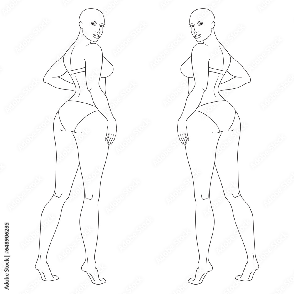 Plus Size Female Fashion Figure Posing Vector Template Curvy Woman Body Back View Vector