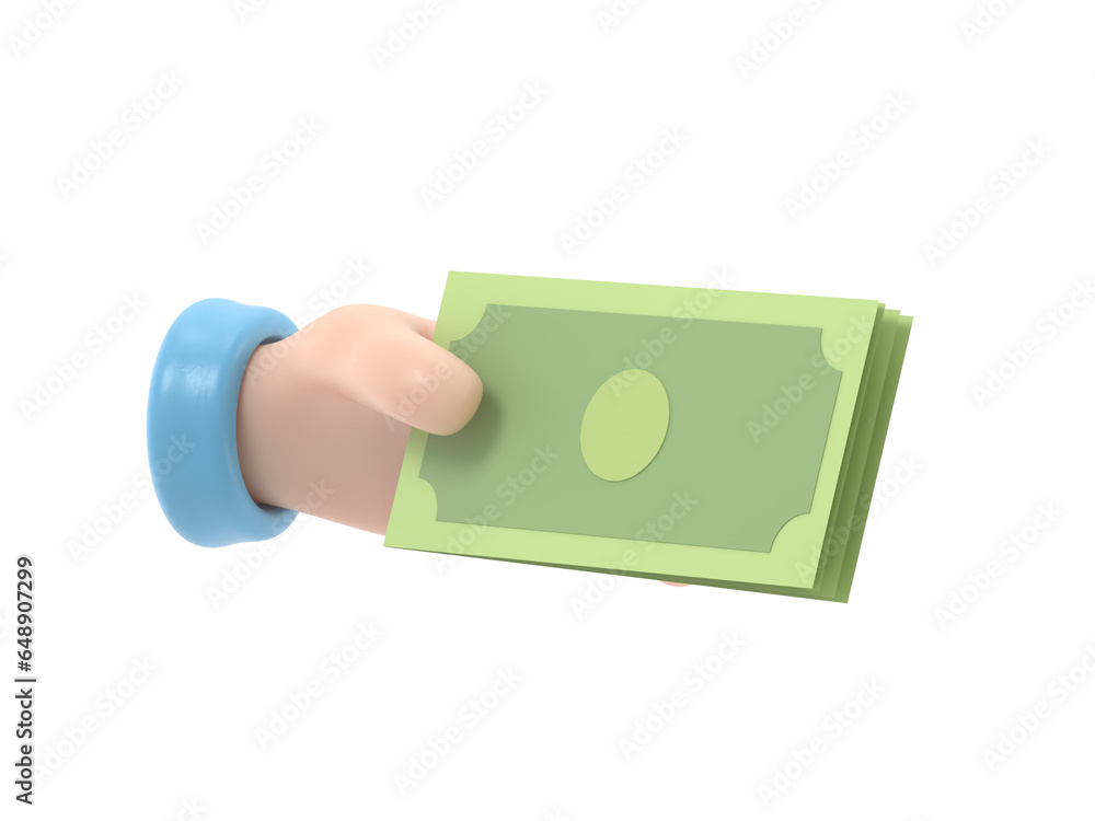 3D cartoon hand holds dollar bills. Concept of financial operation ...